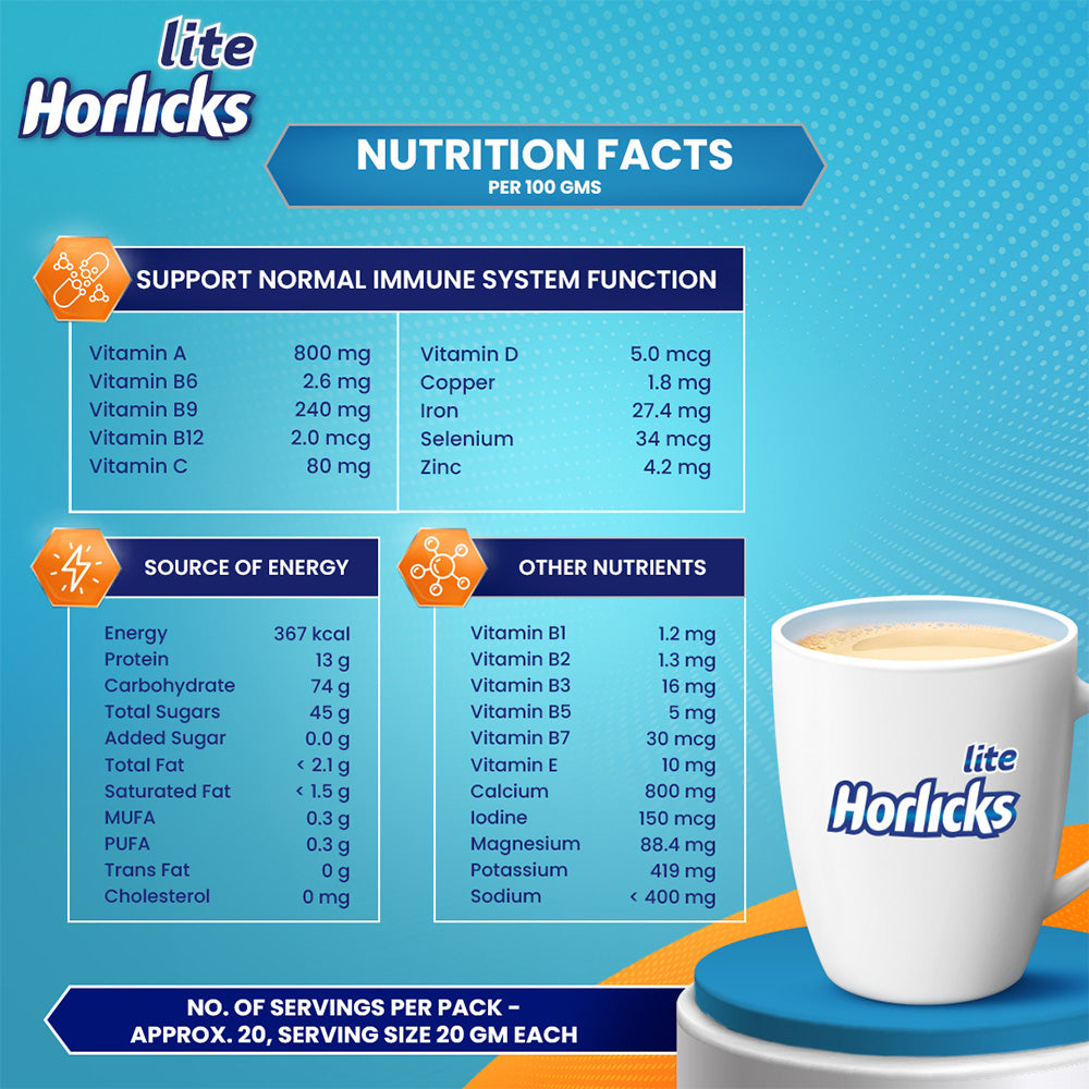 Buy Lite Horlicks | Regular Malt Flavour 400 gm Jar | Horlicks | Unilever